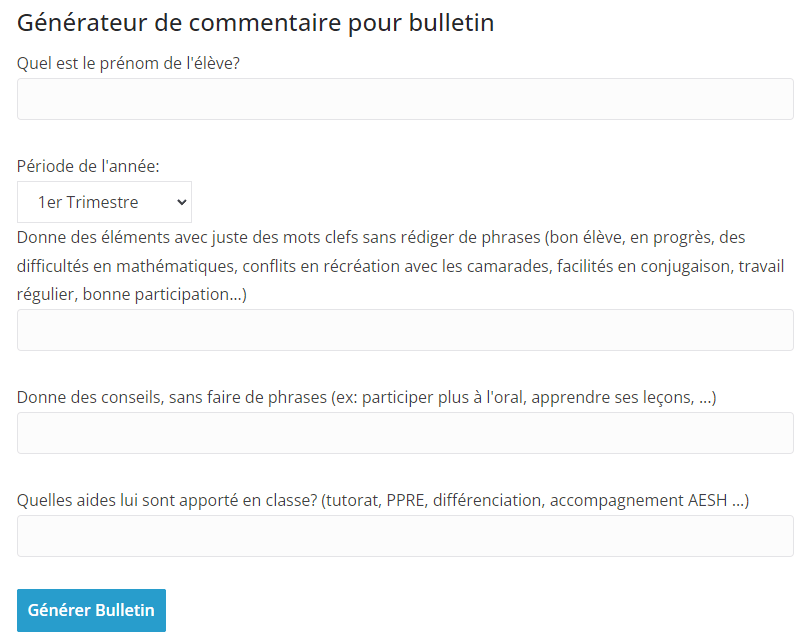 Générateur de commentaire pour bulletin scolaire pour collège et lycée
